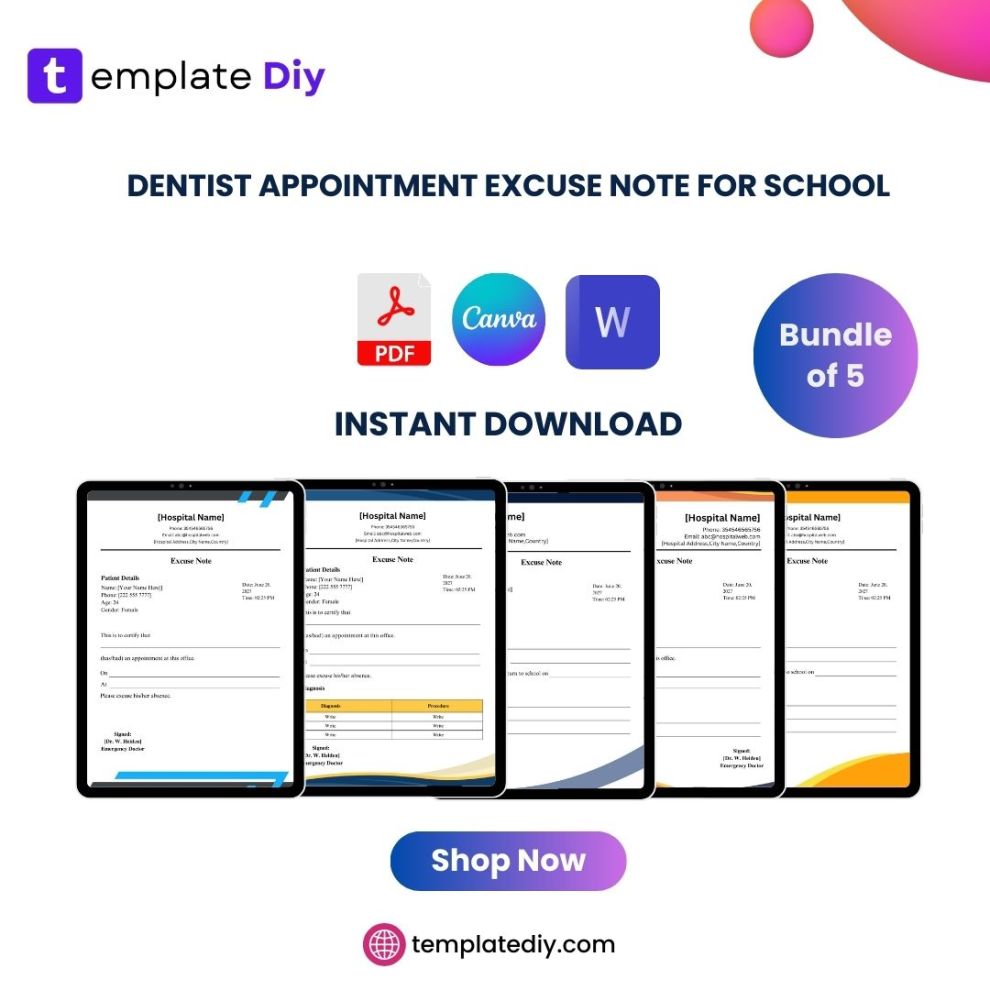 Dentist Appointment Excuse Note for School Template [Word]