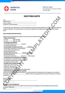 Doctors Note for Pregnancy Restrictions Template Word, PDF