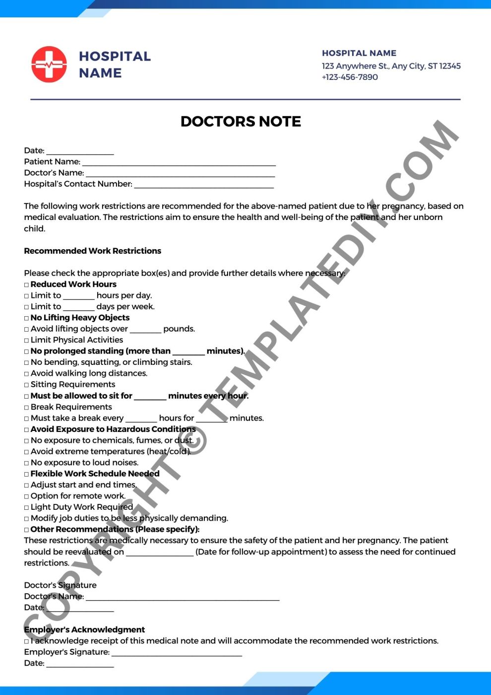Doctors Note for Pregnancy Restrictions Template Word, PDF