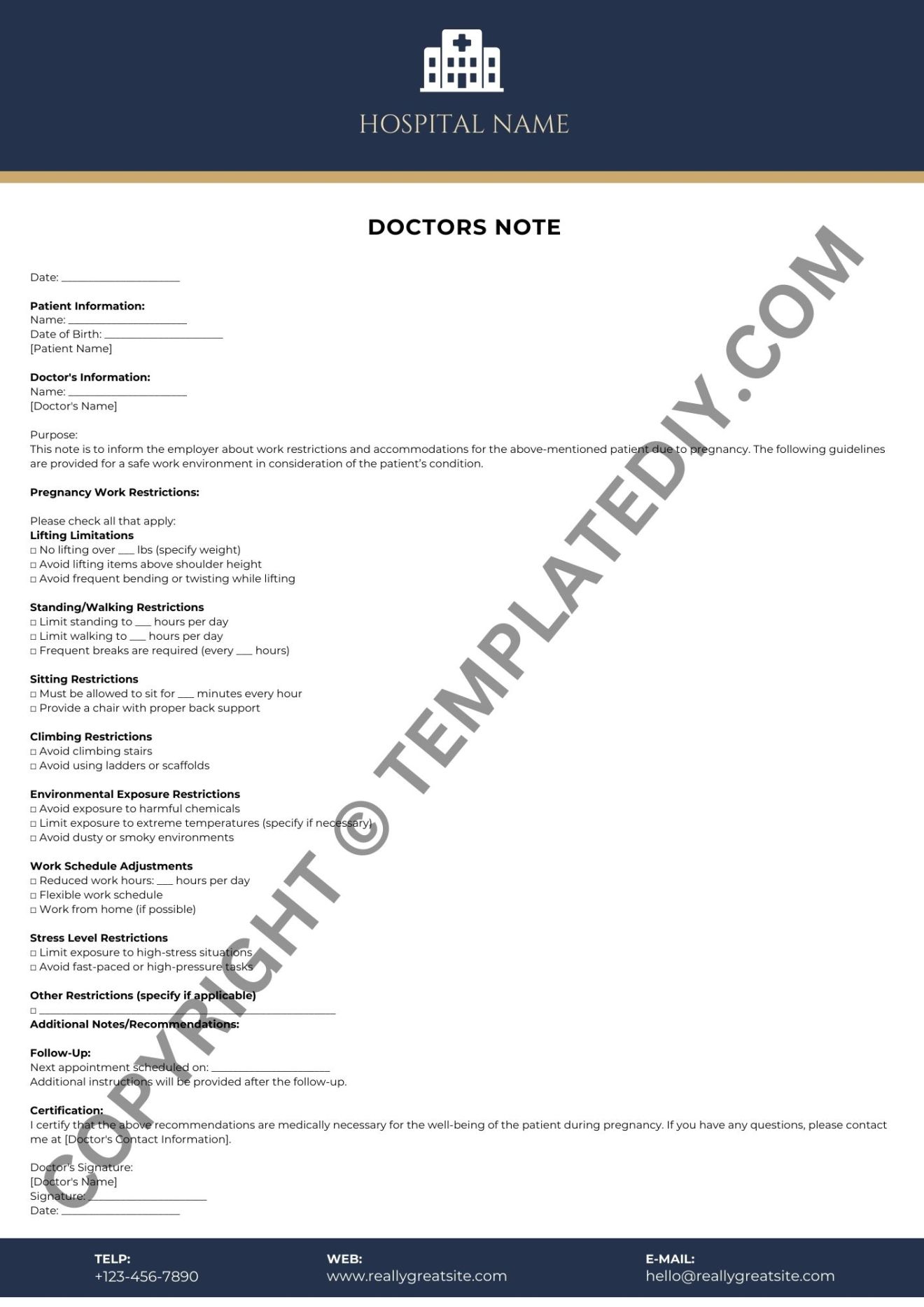 Doctors Note for Pregnancy Restrictions Template Word, PDF