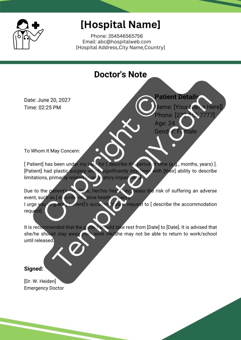 Doctors Note for Plastic Surgery Template [Word Editable]