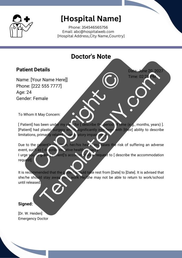 Doctors Note for Plastic Surgery Template [Word Editable]