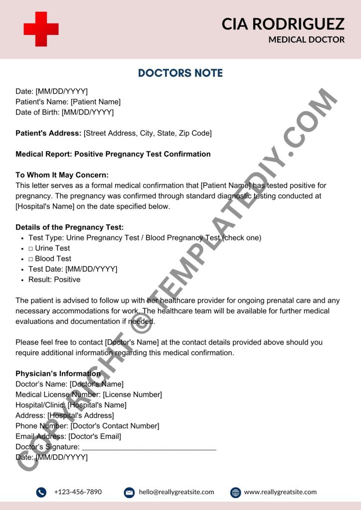 Doctors Note for Positive Pregnancy Test Template Word, PDF