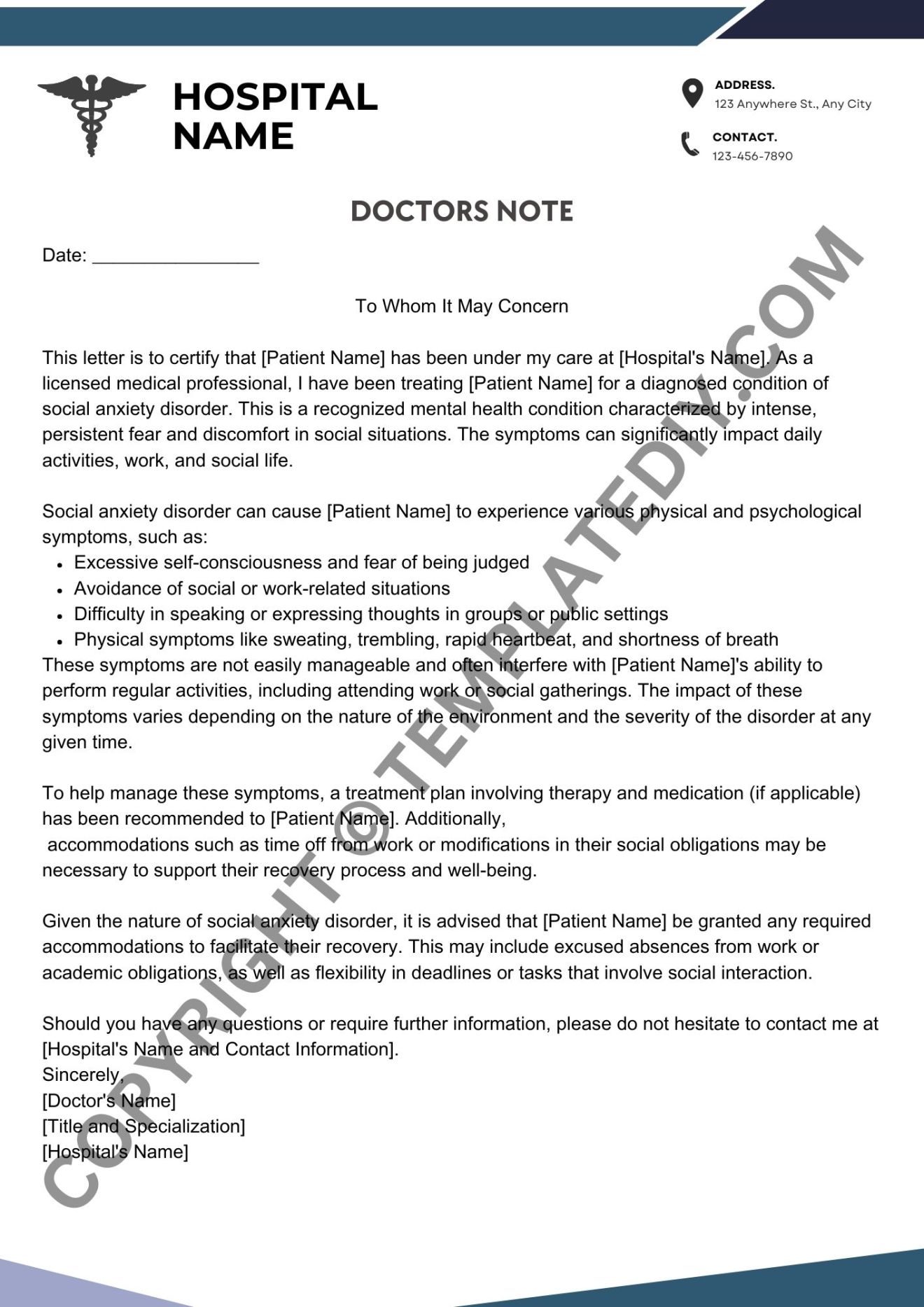 Doctors Note for Social Anxiety Template Word, PDF