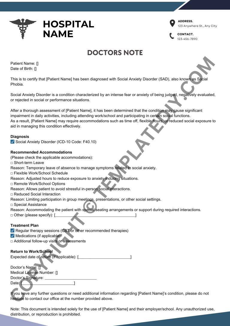 Doctors Note for Social Anxiety Template Word, PDF