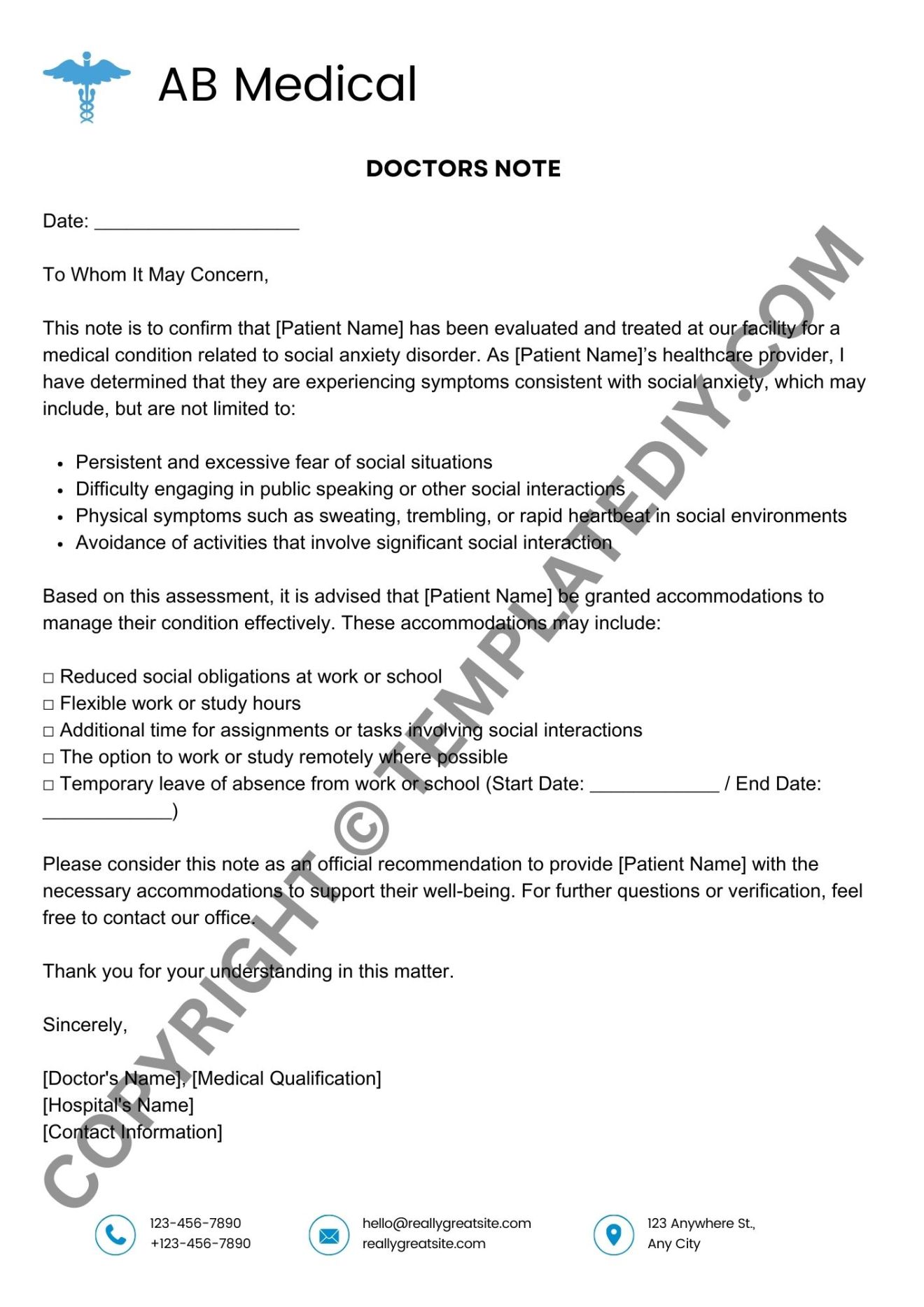 Doctors Note for Social Anxiety Template Word, PDF