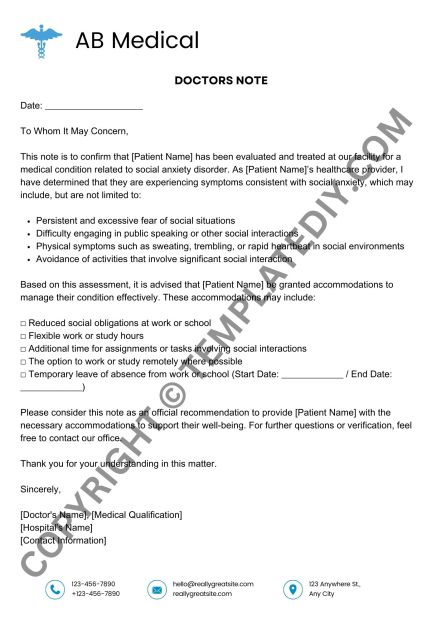 Doctors Note for Social Anxiety Template Word, PDF