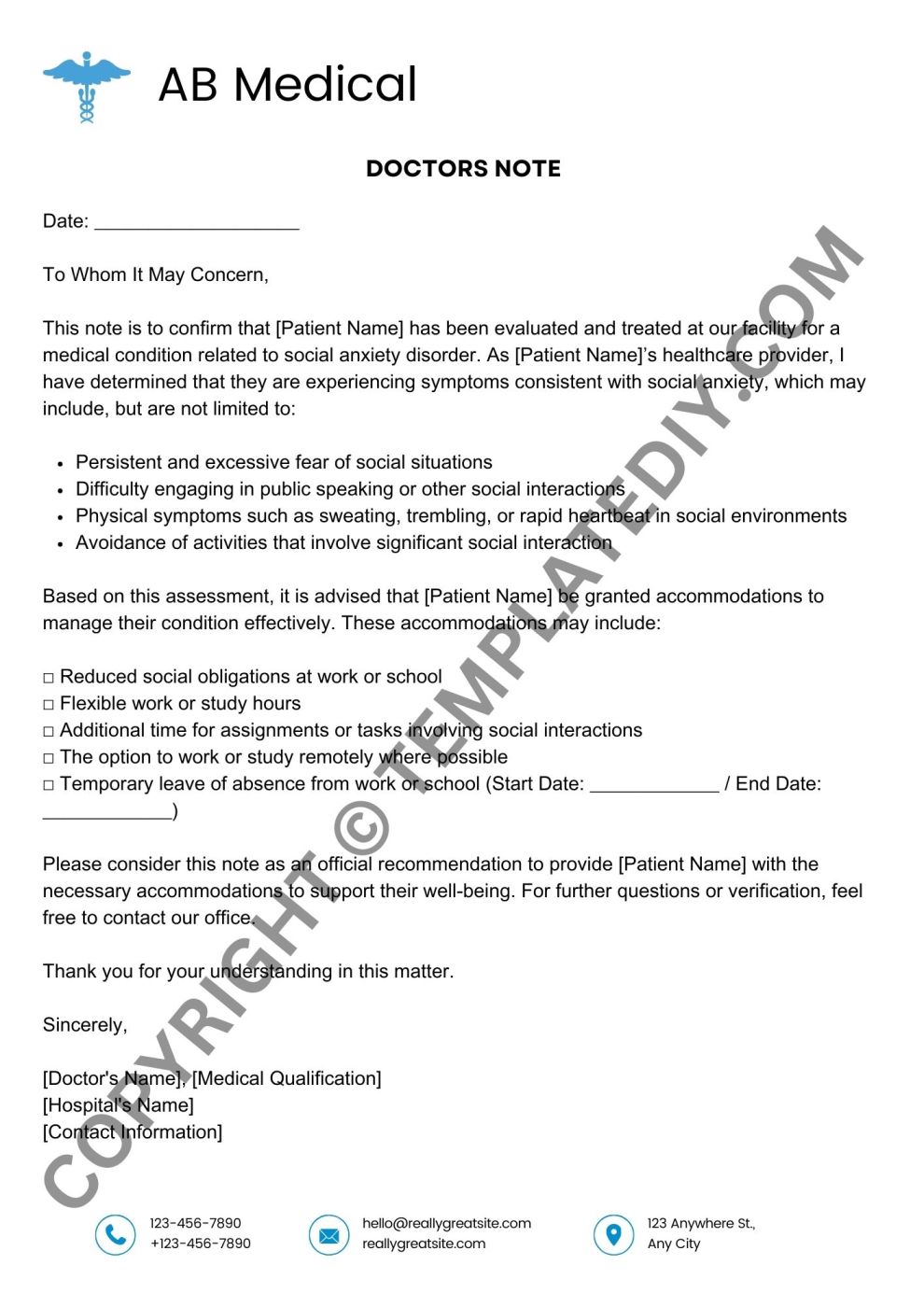 Doctors Note for Social Anxiety Template Word, PDF