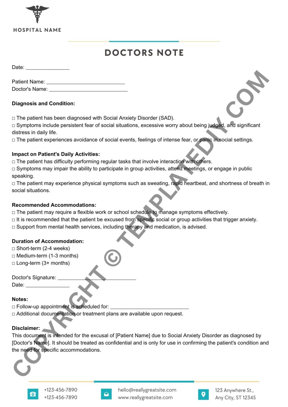 Doctors Note for Social Anxiety Template Word, PDF