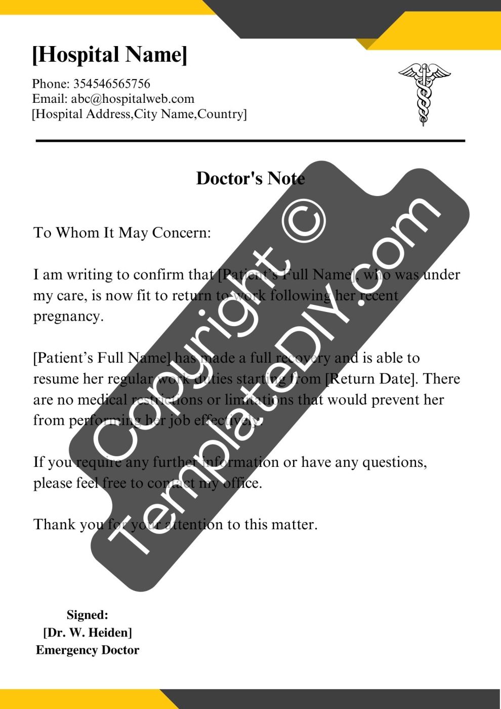 Return to Work After Pregnancy Doctor’s Note Template