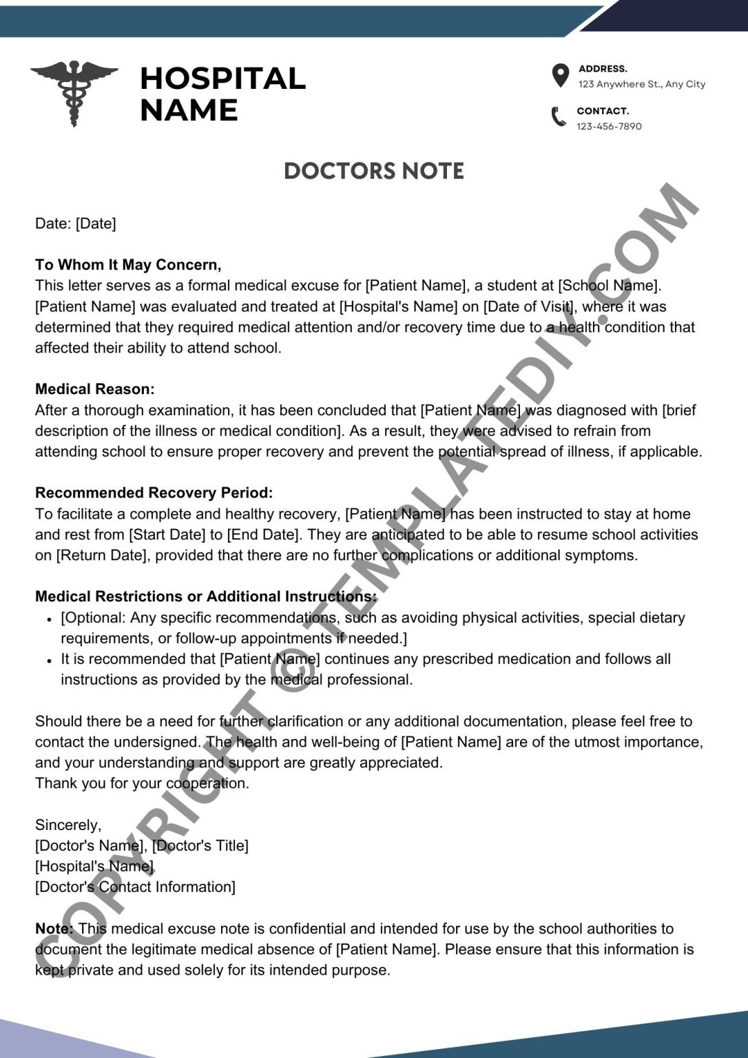 Medical Excuse Note for School Template Word, PDF