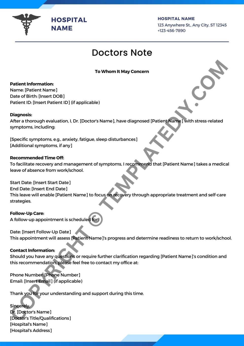 Sick Note from Doctor for Stress | Editable Word PDF Template