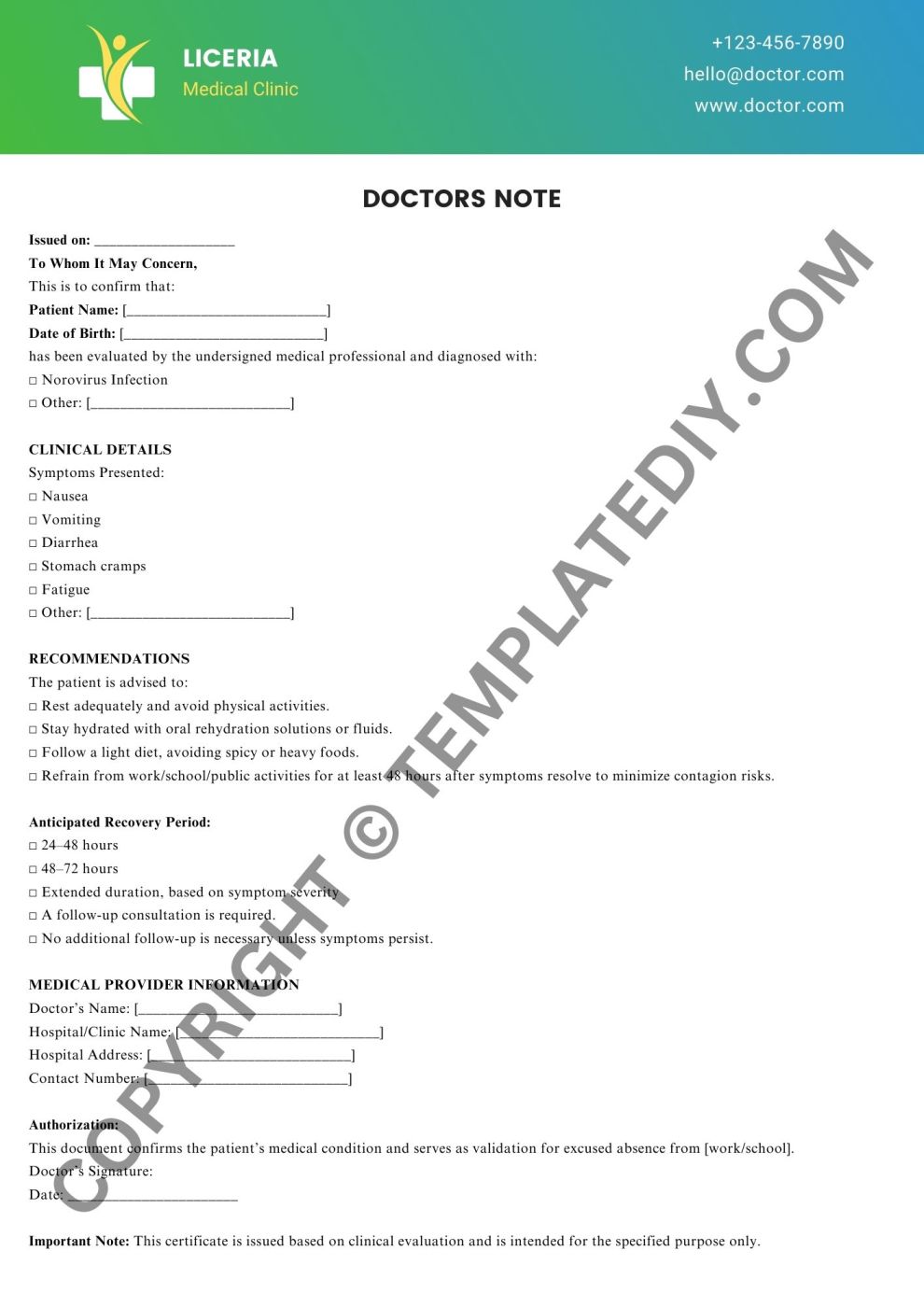 Doctors Note for Norovirus Template [Word Editable]